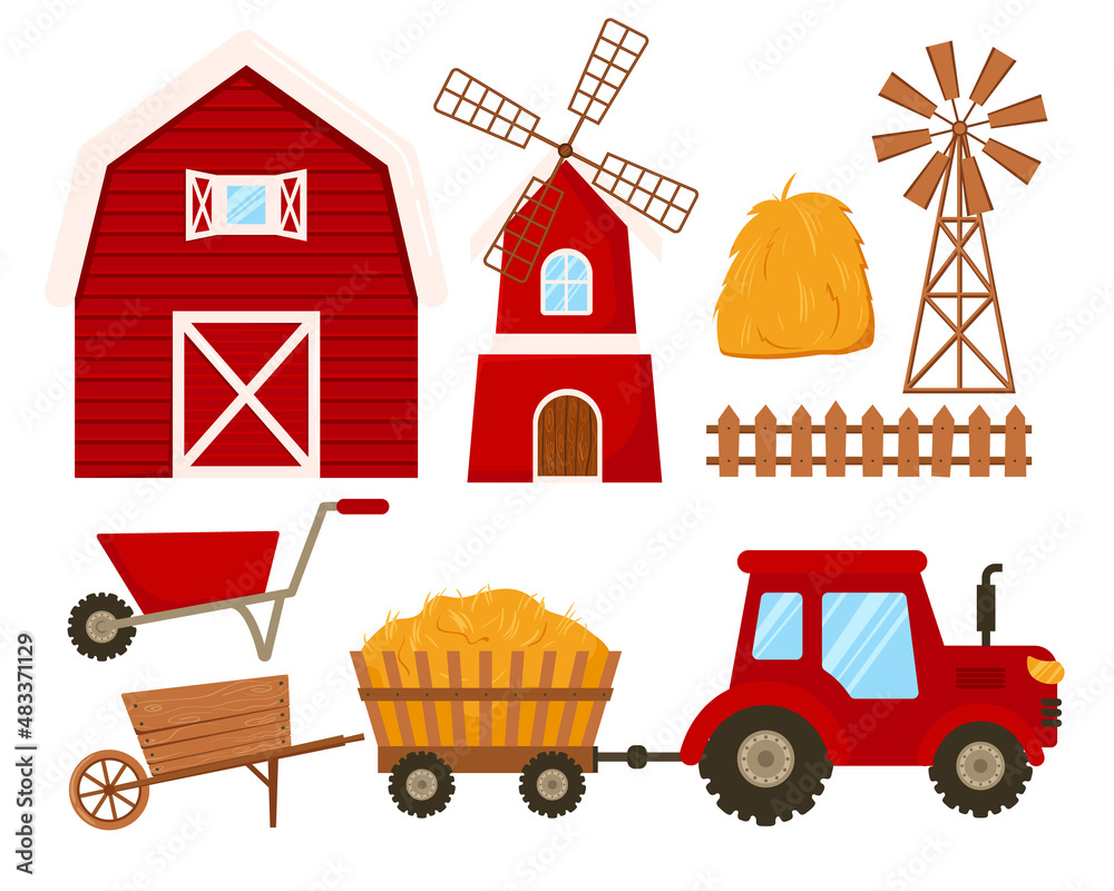 Farm Rural Buildings and Agricultural Objects Set, Farmhouse, Windmill ...