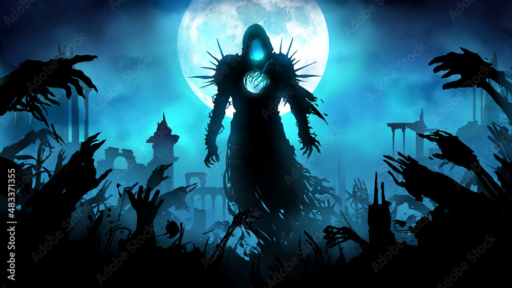 A sinister devastated necromancer in a spiked hood and a torn cloak ...