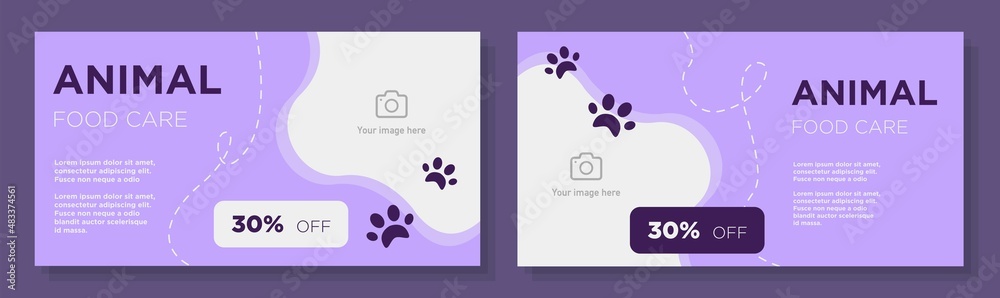 Animal food care banner template set, pet store advertisement, purple ...