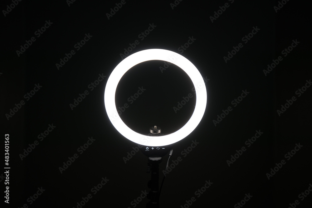 Circular LED Ring Light on an Isolated Dark Black Background Stock ...