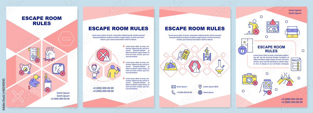 Escape room rules pink brochure template. Gaming experience safety ...