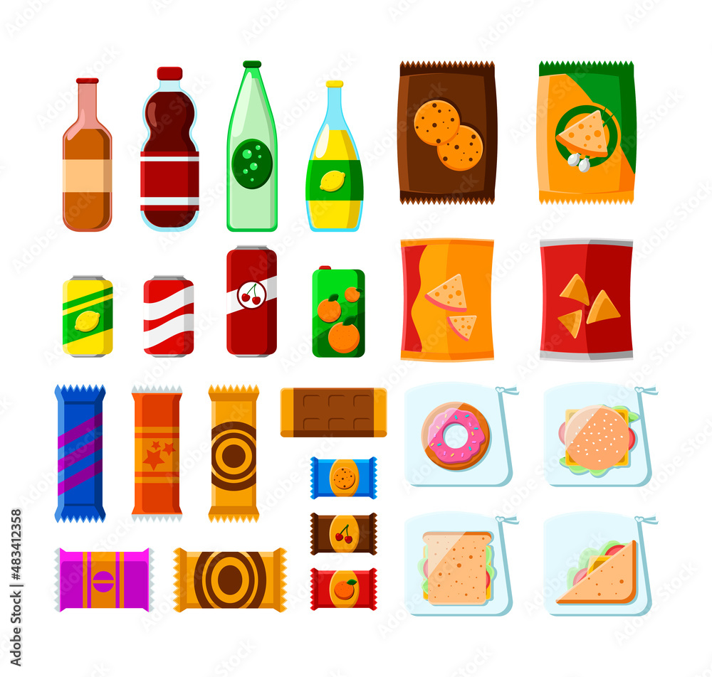 Snack products for vending machine vector illustrations set. Plastic ...