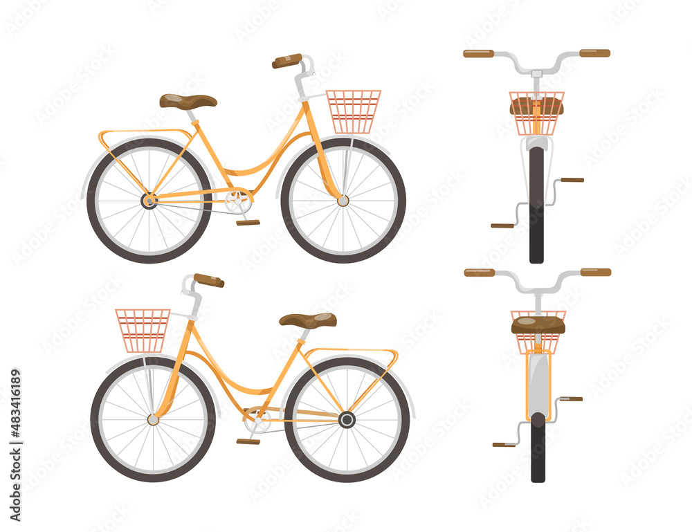 Brown bike with basket for family rides cartoon illustration set. Side ...