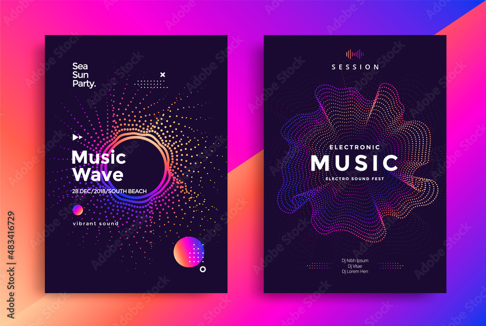 Electronic Music wave poster design. Sound flyer with abstract gradient ...