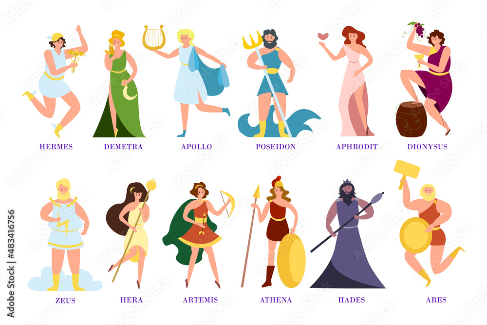 Ancient Greek gods and goddesses cartoon illustration collection. Zeus ...