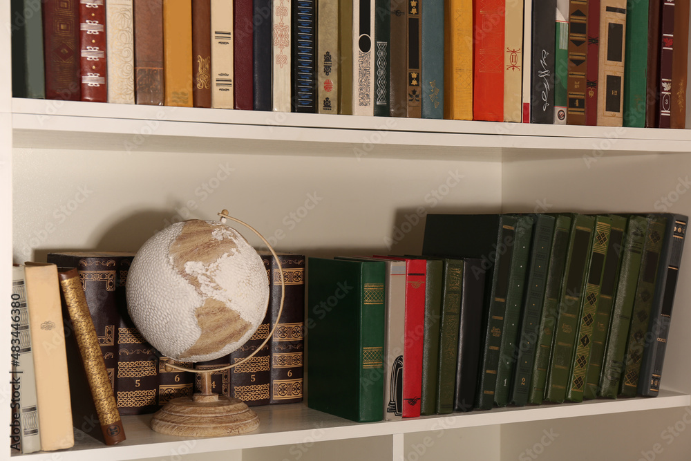 Collection of different books and decorative elements on shelves in ...