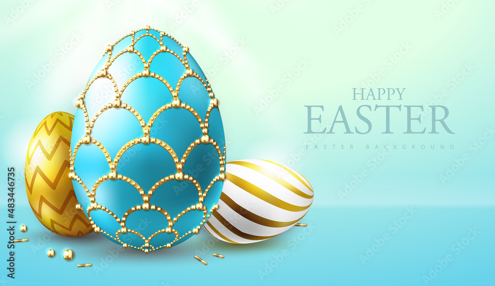 Poster Affiche Holiday Easter background with golden and blue easter eggs 40x22.2 cm