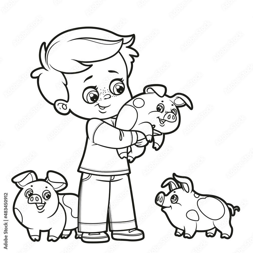 Cute cartoon boy holding a pig outlined for coloring page on white ...