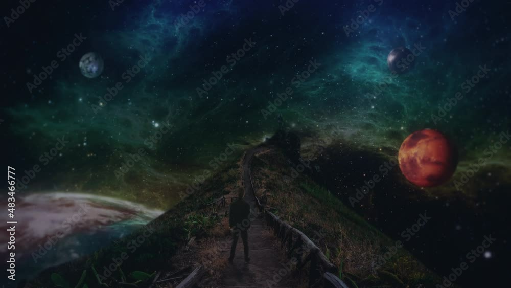 Deep Space Pathway People Looking Planets In Sky, Zoom In. Male and ...