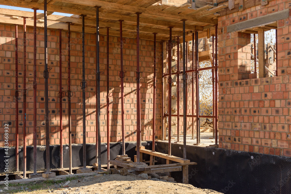Formwork elements for concrete slabs at a construction site. Mounting ...