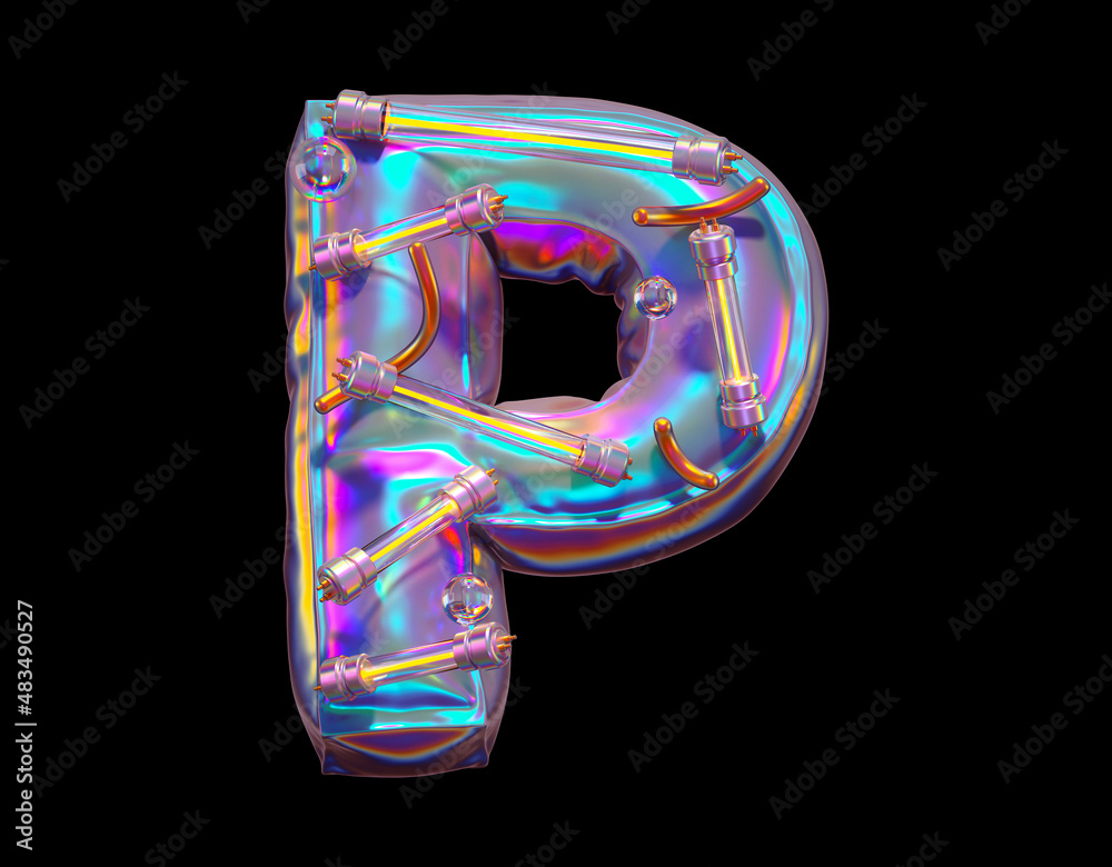 Futuristic holographic font. Ultraviolet and yellow neon. Letter P ...