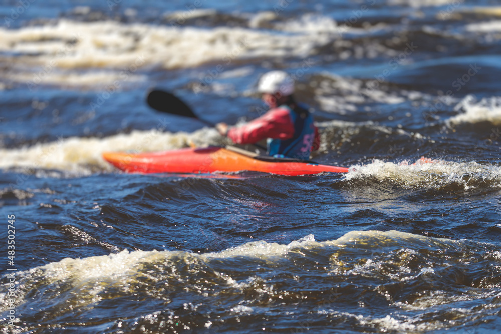 Kayak slalom canoe race in white water rapid river, process of kayaking ...