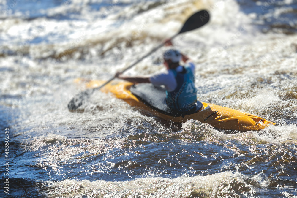 Kayak slalom canoe race in white water rapid river, process of kayaking ...