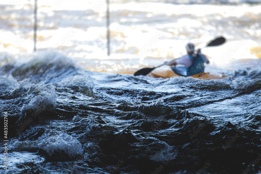 Kayak slalom canoe race in white water rapid river, process of kayaking ...