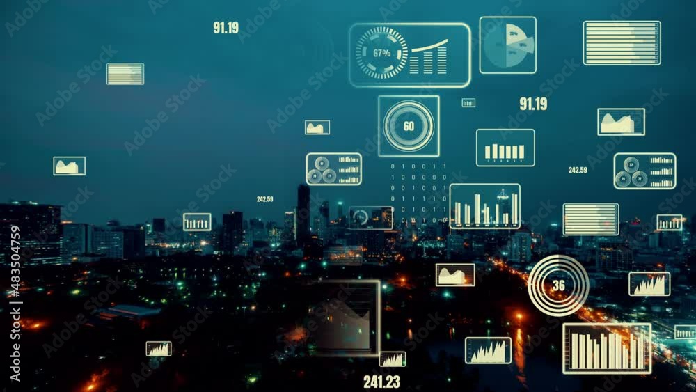 Business data analytic interface fly over smart city showing alteration ...