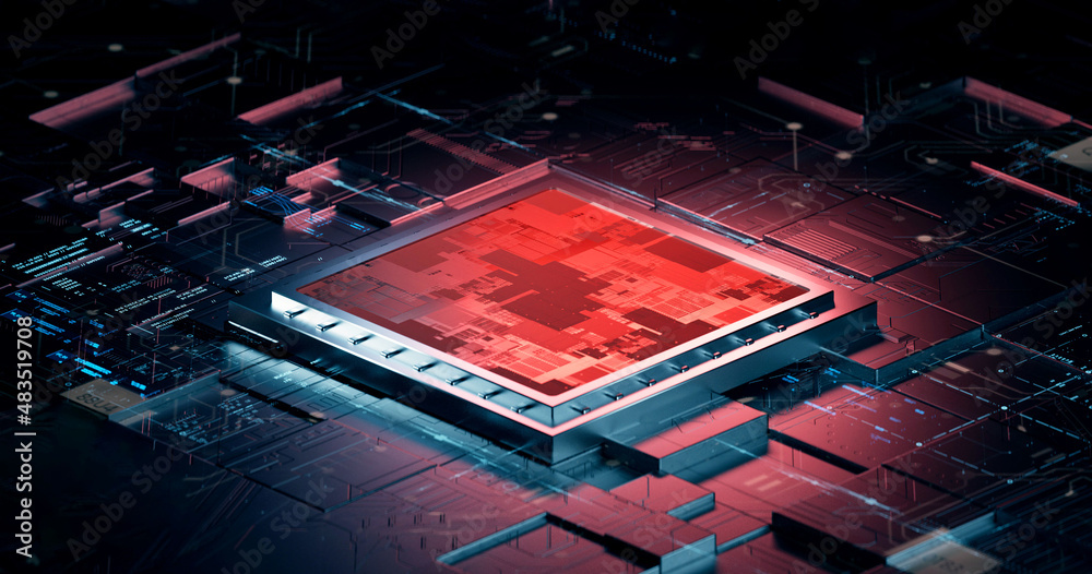 3D rendering of cyberpunk AI. Circuit board. Technology background ...