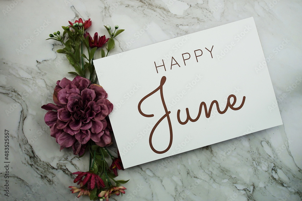 Happy June text with pink flower bouquet on marble background Stock ...