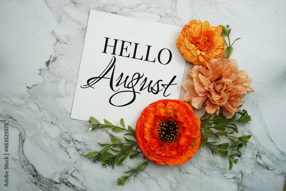 Hello August text with orange flower bouquet on marble background Stock ...