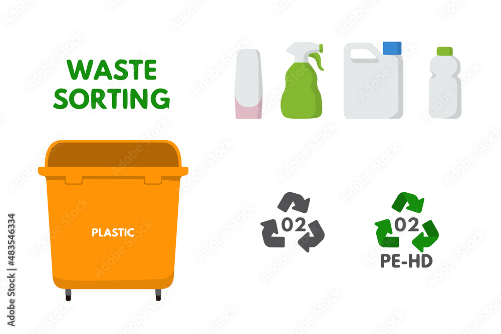 Orange dumpster for plastic. Waste sorting set vector illustration ...