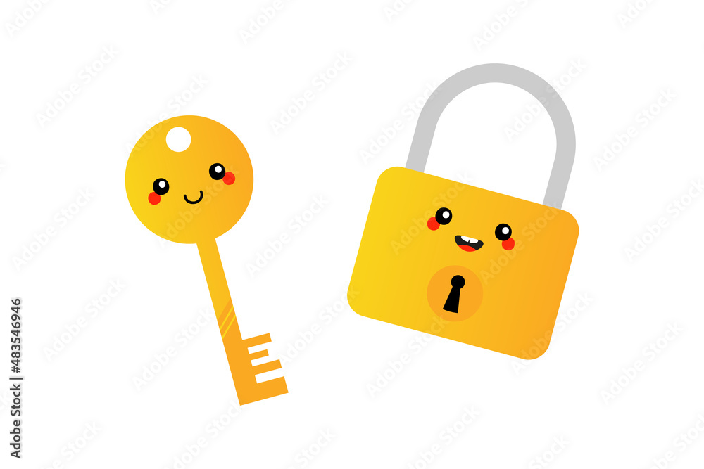 Couple of cute smiling cartoon style golden key and lock characters ...