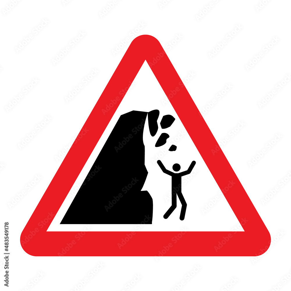 Unstable cliff warning sign. Vector illustration of red triangle sign ...