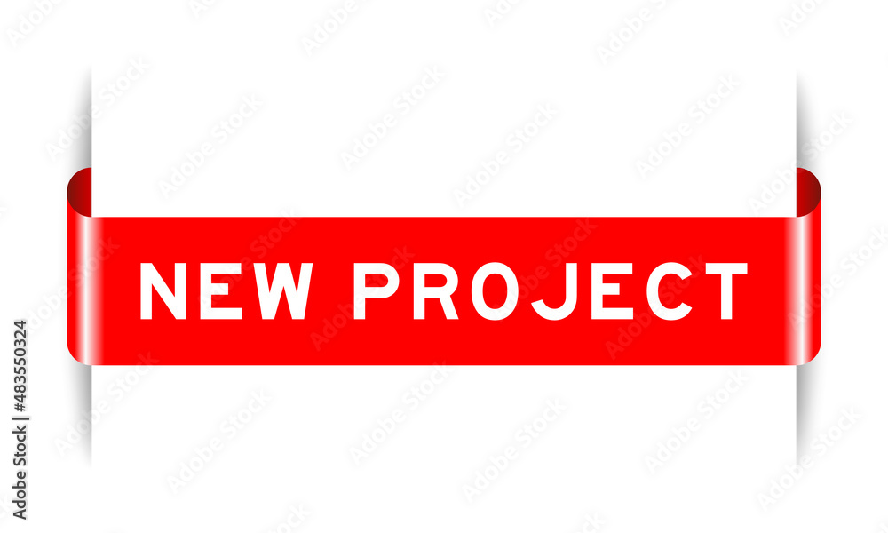 Red color inserted label banner with word new project on white ...