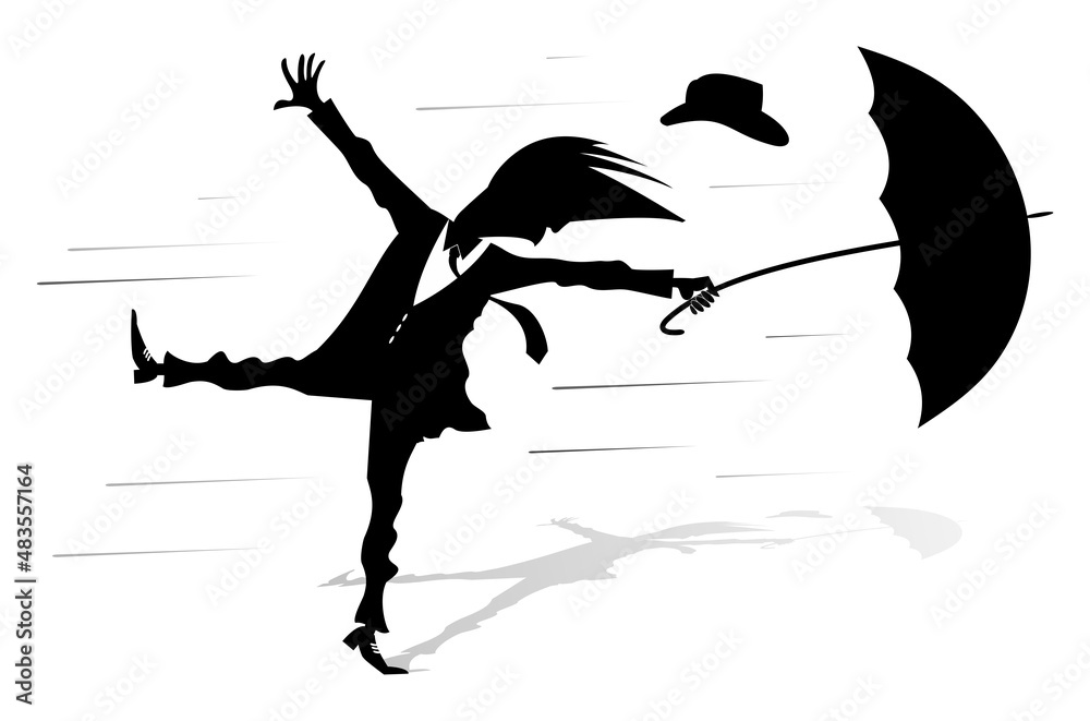 Windy day and man with umbrella illustration. Young man with an ...