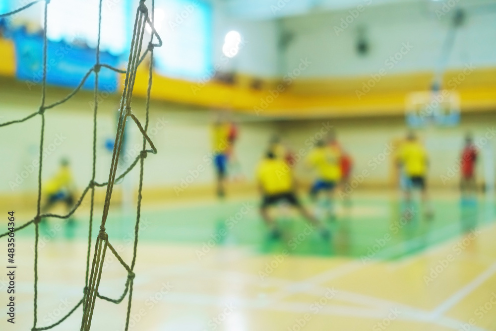 Sport mesh on blurred background of volleyball game, indoor. Teamwork ...