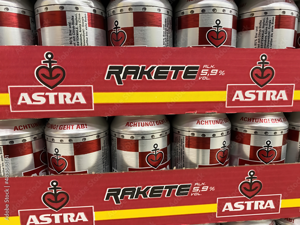 Germany, Viersen - January 9. 2022: Closeup of cans astra rakete beer ...