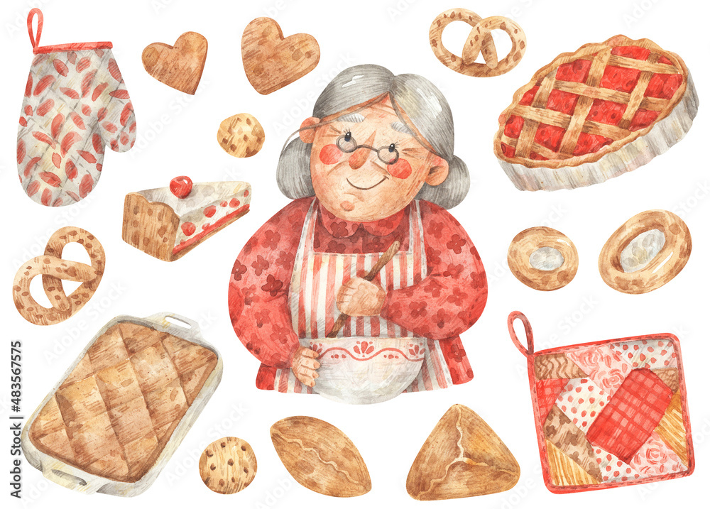 Old lady cooks. Watercolor set of illustrations - grandmother with a ...