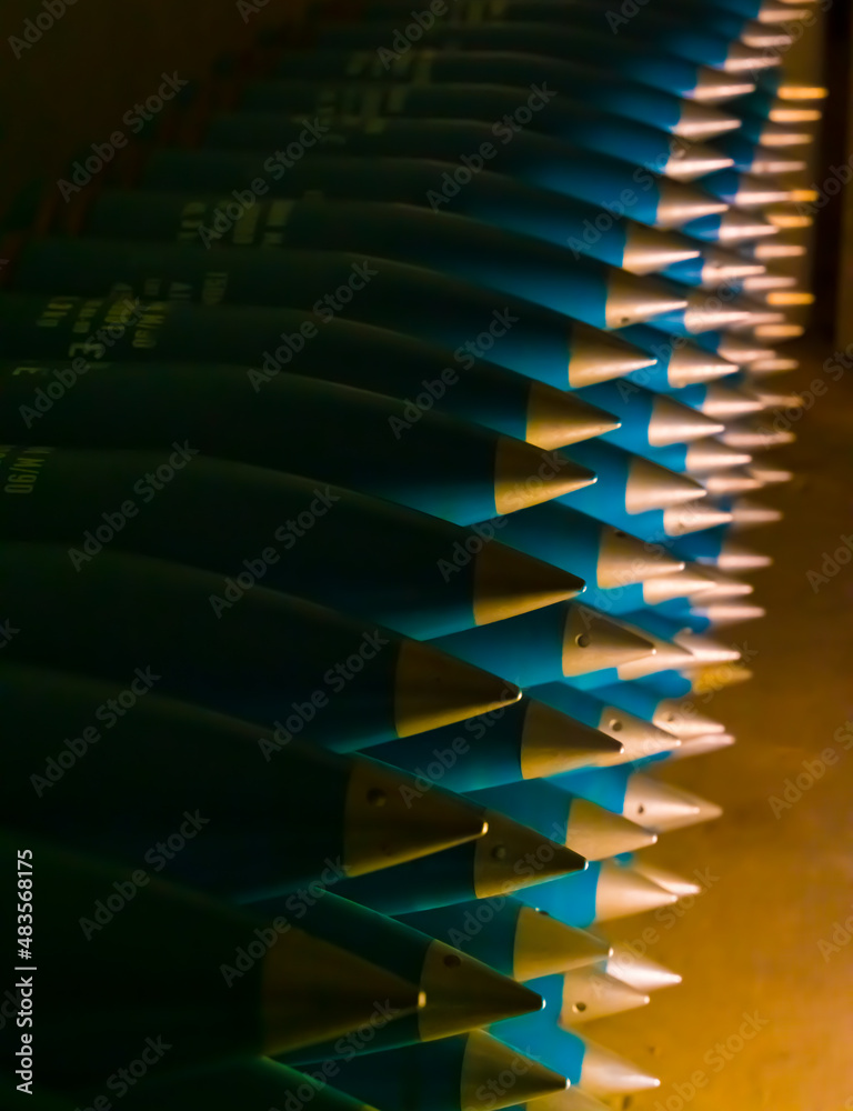 Artillery bomb shells stacked inside a bunker ready for use in time of ...