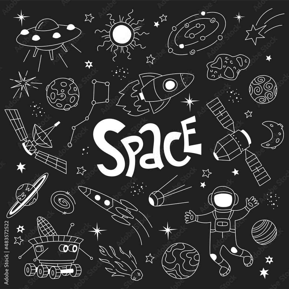 Hand drawn set of space objects with satellite, stars, meteorites ...