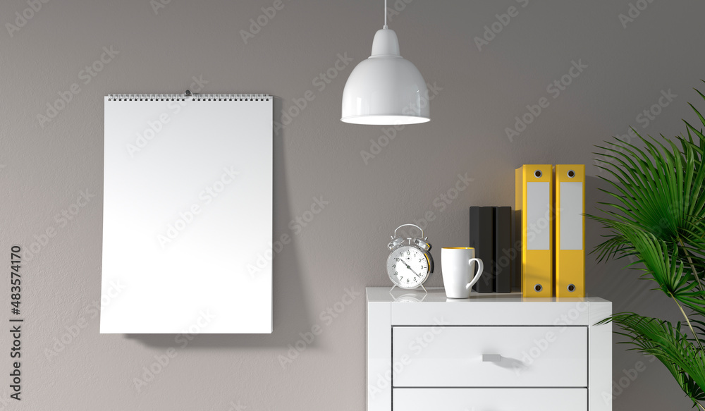 Wall-mounted desk calendar A2 in a modern light interior with a bedside ...