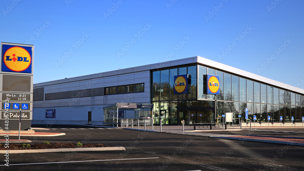Lidl Store in Halikko, Finland. Lidl Stiftung & Co. KG is a German ...