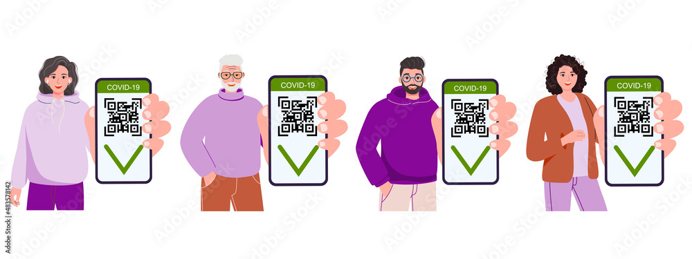 Young, adults, seniors show the QR code of the Covid-19 vaccine on the ...