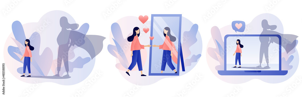 Self confidence. Self-image. Confident strong woman as superhero. Self ...