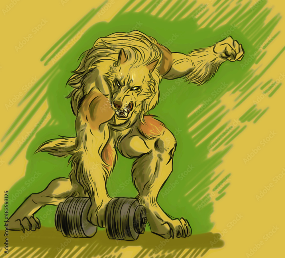 Digital illustration of a muscular werewolf that is trying to lift a ...
