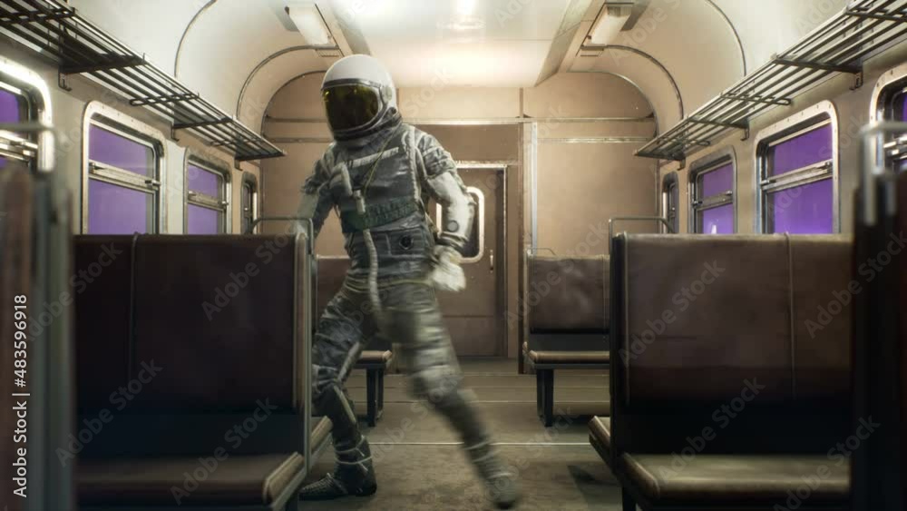 An astronaut dances on an interstellar space train travelling at ...