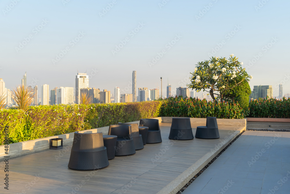 Sky garden on private rooftop of condominium or hotel, high rise ...