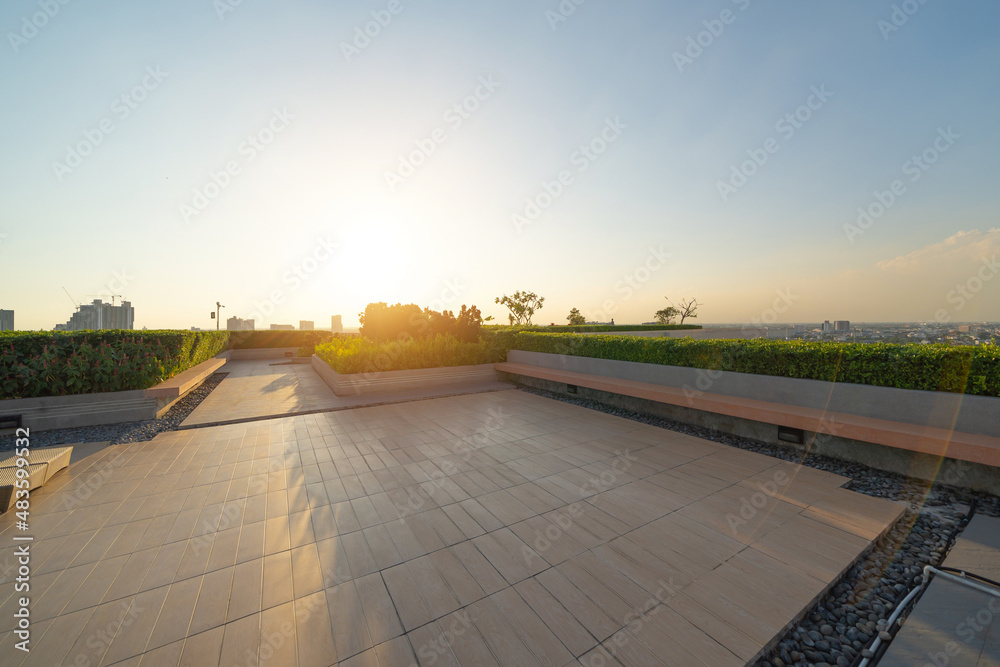 Sky garden on private rooftop of condominium or hotel, high rise ...