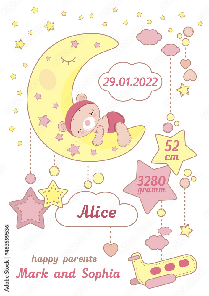 Cartoon template of baby shower poster. This is a girl. Newborn metric ...