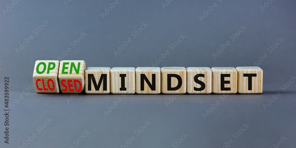 Open or closed mindset symbol. Turned wooden cubes and changed concept ...