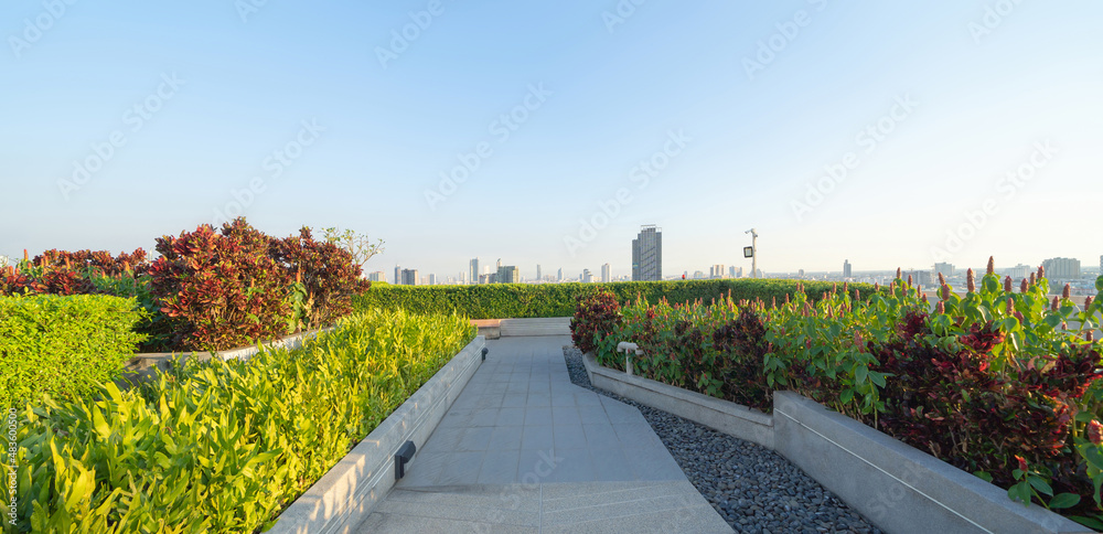Sky garden on private rooftop of condominium or hotel, high rise ...