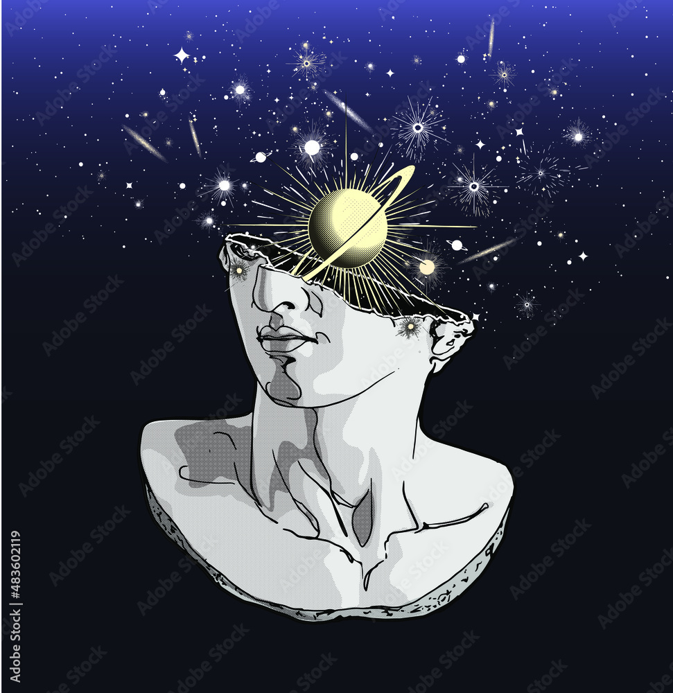 Vector hand drawn fragment of colossal head of classical sculpture with ...