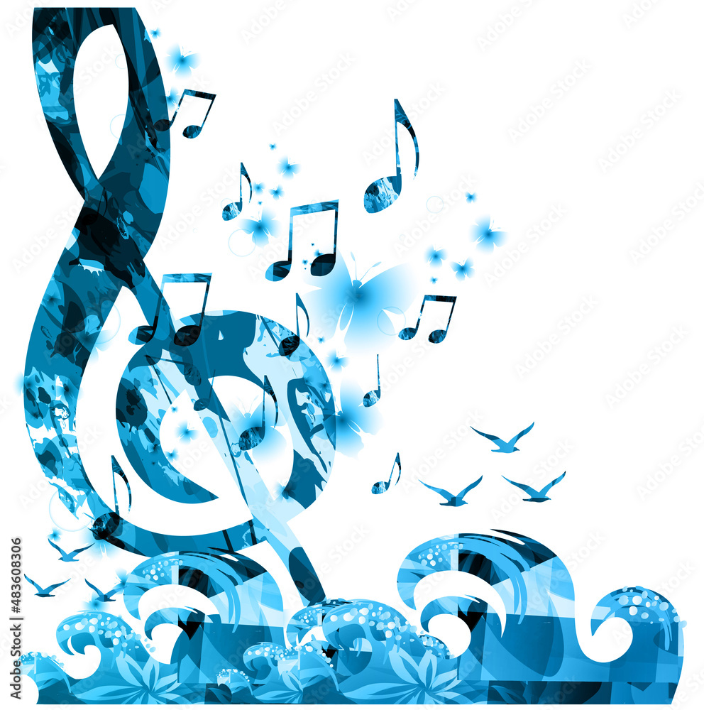 Musical poster with musical notes, waves and gulls isolated vector ...