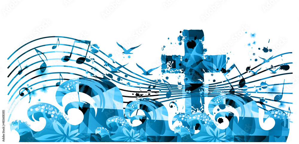 Christian cross isolated with musical notes, waves and seagulls vector ...
