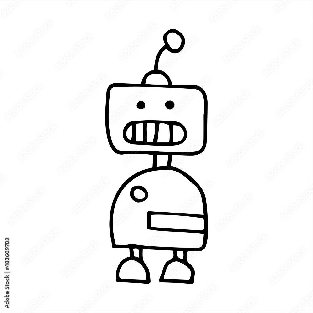 vector drawing in doodle style. cute robot. simple line drawing of a ...