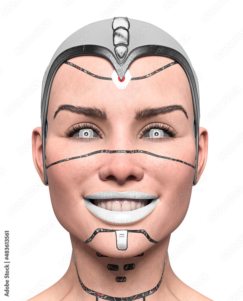 super cyborg girl id picture profile with a full face smile in white ...