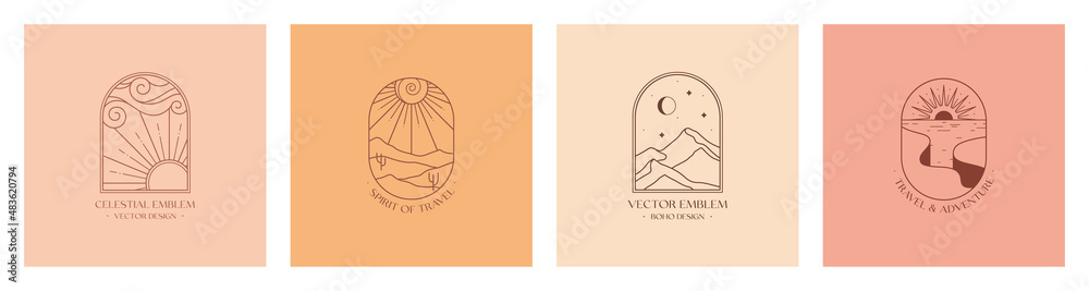Vector boho emblems with abstract mountain landscapes.Travel logos with ...