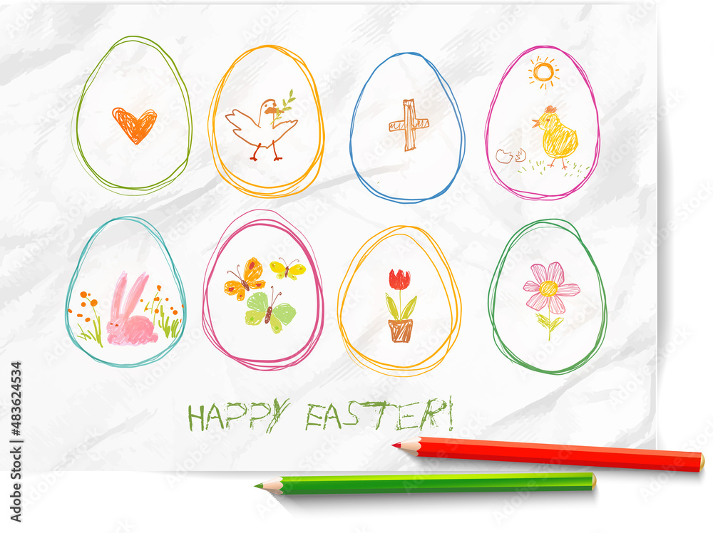 Children's drawing of easter doodles with colored crayons on white ...